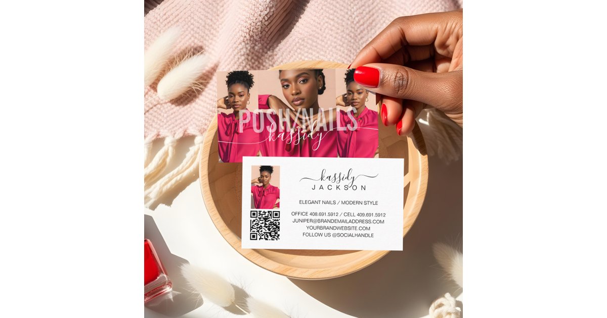 Elegant Nail Salon Script Monogram Photo QR Code Business Card | Zazzle