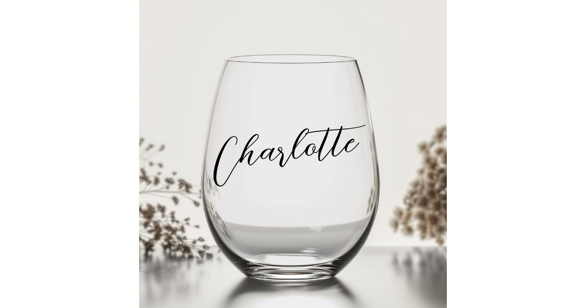Elegant name calligraphy script stemless wine glass | Zazzle