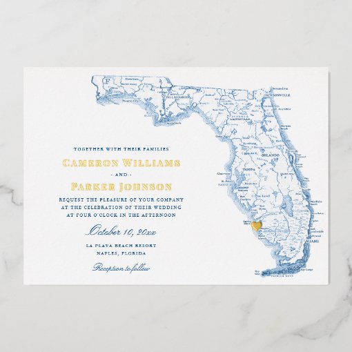 Elegant Naples Florida Wedding Navy and Gold Foil Invitation | Zazzle