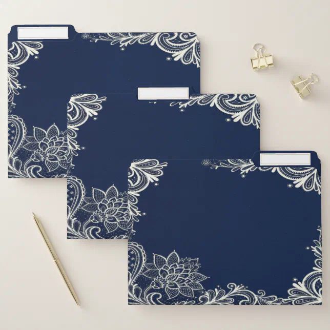 elegant nautical beach white lace navy blue file folder | Zazzle