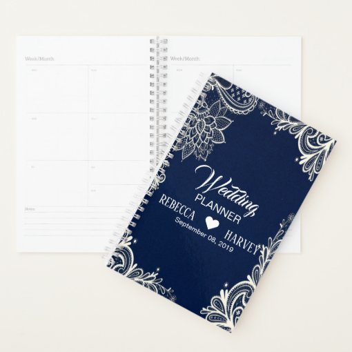 elegant nautical beach white lace navy blue planner | Zazzle