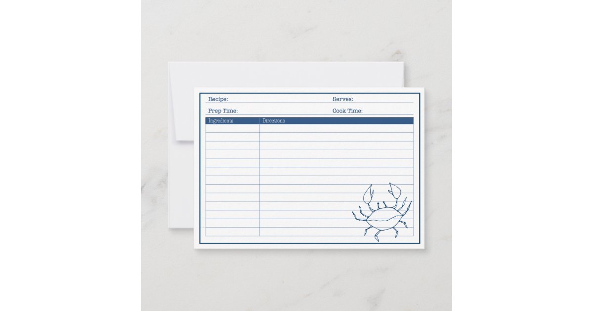 Elegant Nautical Blue Crab Seafood Recipe Card | Zazzle