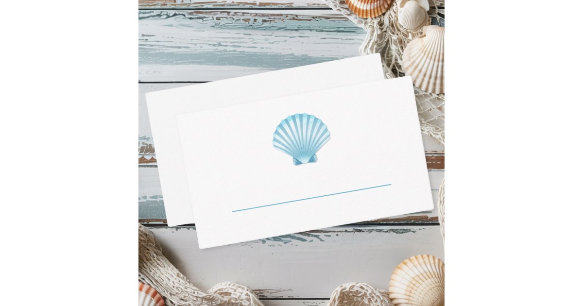 Elegant Nautical Blue Seashell Beach Wedding Place Card | Zazzle