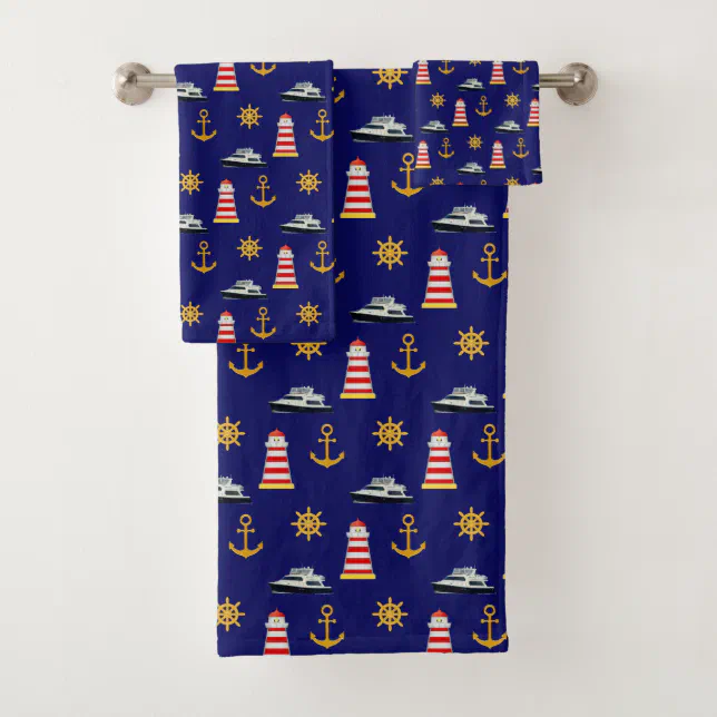 Elegant Nautical Icons on Navy Blue Bath Towel Set | Zazzle