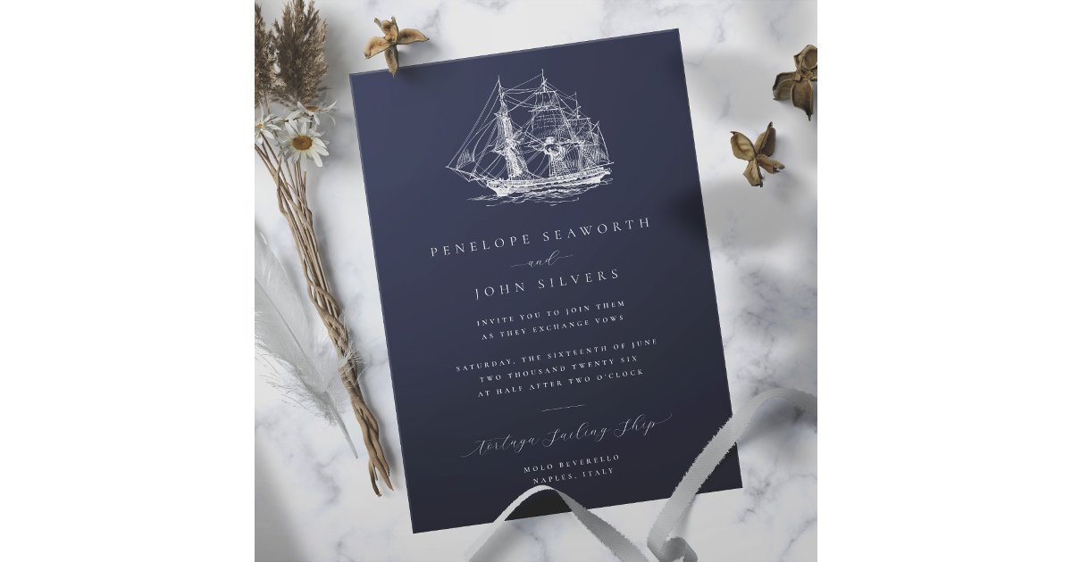 Elegant Nautical Ship Illustration Navy Wedding Invitation | Zazzle