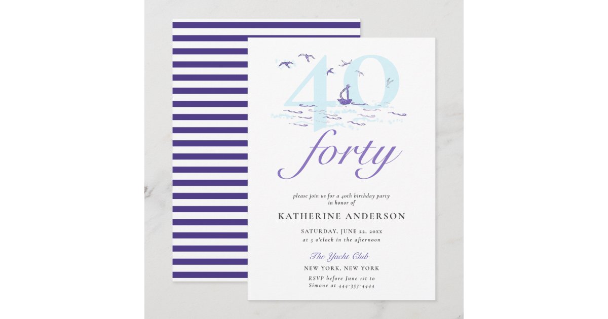 Elegant Nautical Stripes Boat Ocean 40th Birthday Invitation | Zazzle