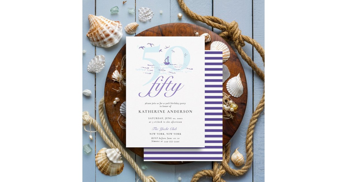 Elegant Nautical Stripes Boat Ocean 50th Birthday Invitation | Zazzle