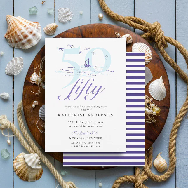 Elegant Nautical Stripes Boat Ocean 50th Birthday Invitation | Zazzle