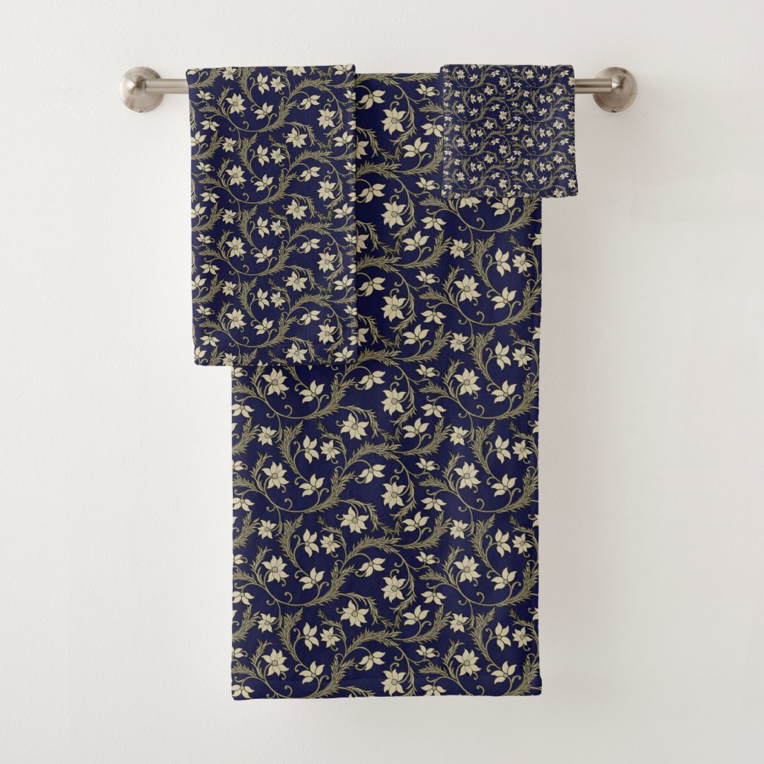Elegant Navy and Beige Classic Floral Pattern Bath Towel Set | Zazzle