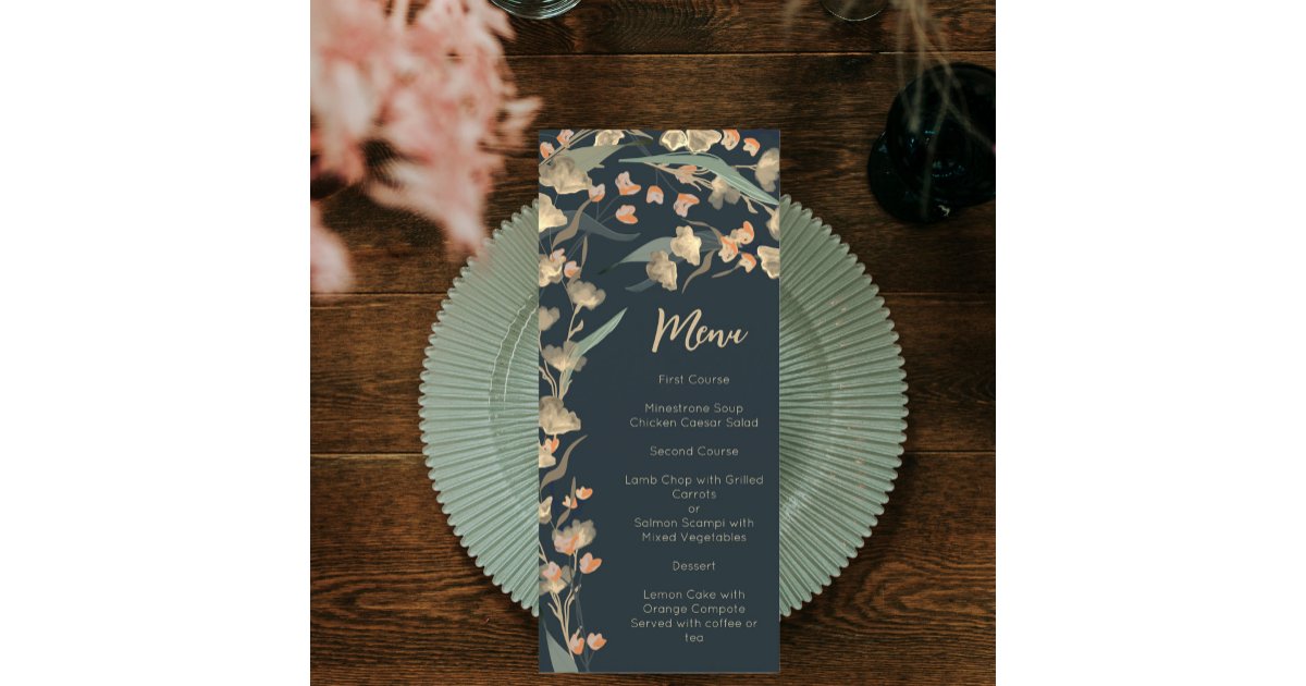Elegant Navy and Beige Wildflower Botanical Menu | Zazzle
