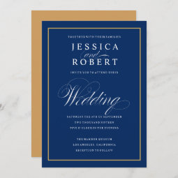 Elegant Navy and Gold Border Wedding Invitation | Zazzle