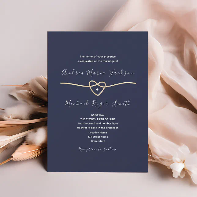 Elegant Navy and Gold Rope Heart Invitation | Zazzle