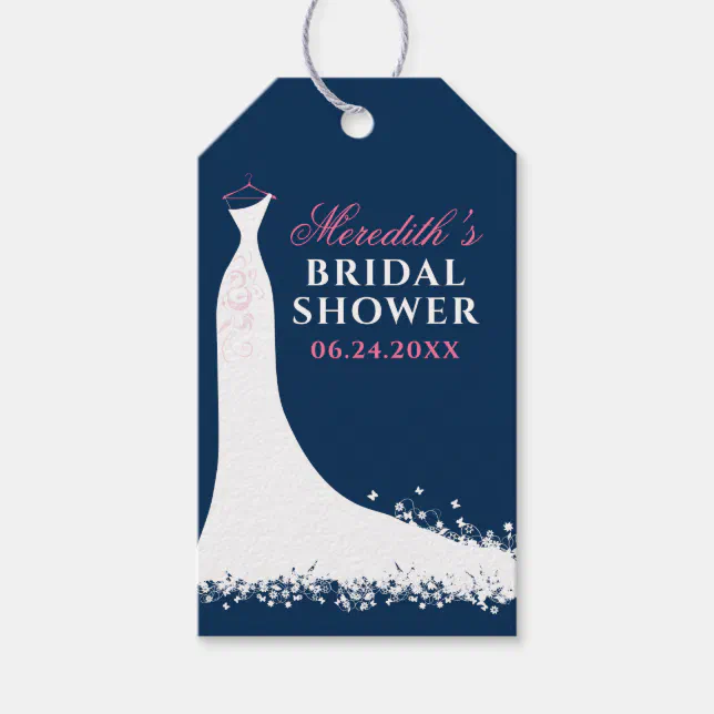 Elegant Navy and Pink Wedding Gown Bridal Shower Gift Tags | Zazzle