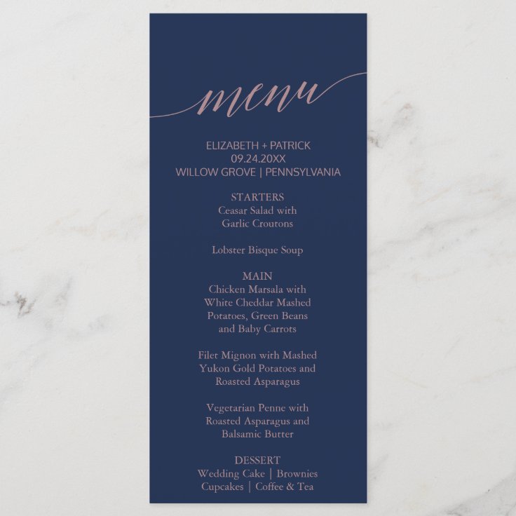 Elegant Navy and Rose Calligraphy Dinner Menu Card | Zazzle