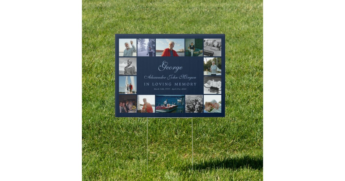 Elegant Navy Blue 14 Photo Border In Loving Memory Sign | Zazzle