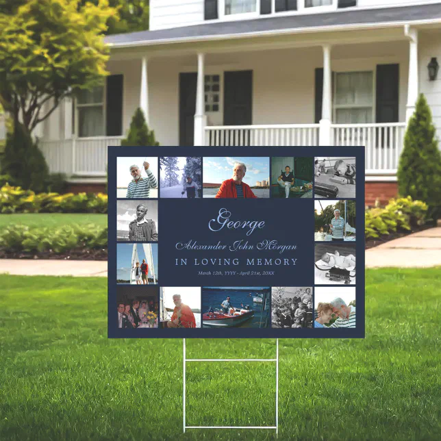 Elegant Navy Blue 14 Photo Border In Loving Memory Sign | Zazzle