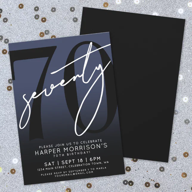 Elegant Navy Blue 70th Birthday Party Invitation | Zazzle