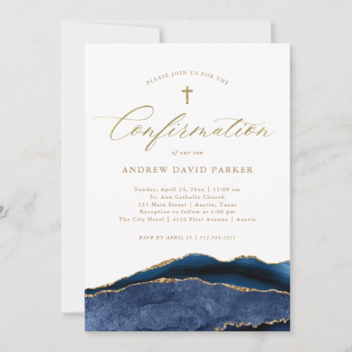 Elegant Navy Blue Agate | Gold Cross Confirmation Invitation | Zazzle