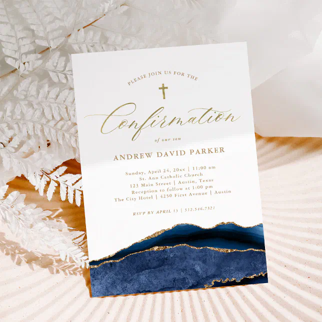 Elegant Navy Blue Agate | Gold Cross Confirmation Invitation | Zazzle