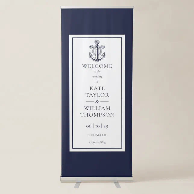 Elegant Navy Blue Anchor Nautical Wedding Welcome Retractable Banner ...