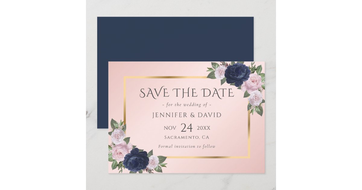 Elegant Navy Blue and Blush Wedding Save The Date | Zazzle
