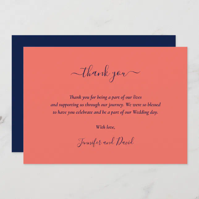 Elegant Navy Blue and Coral Thank You Card | Zazzle