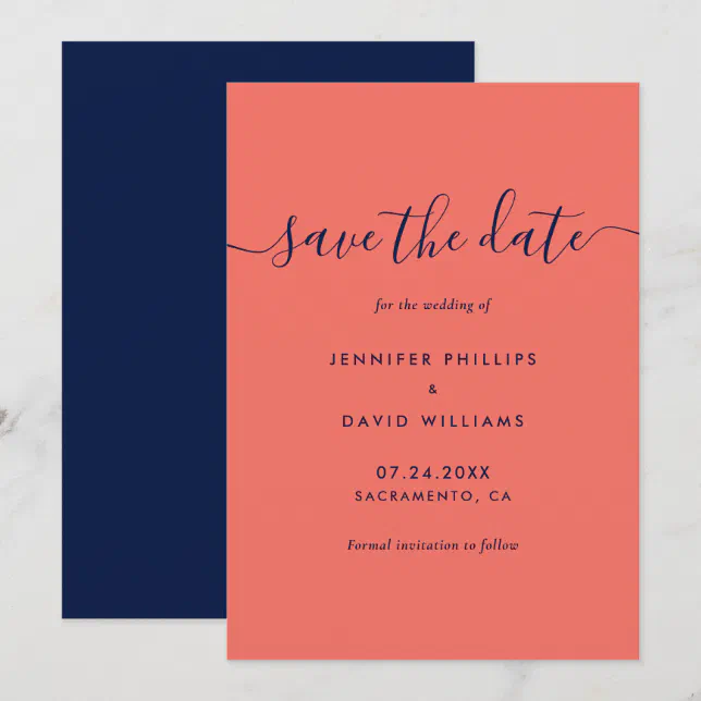 Elegant Navy Blue and Coral Wedding Save The Date | Zazzle