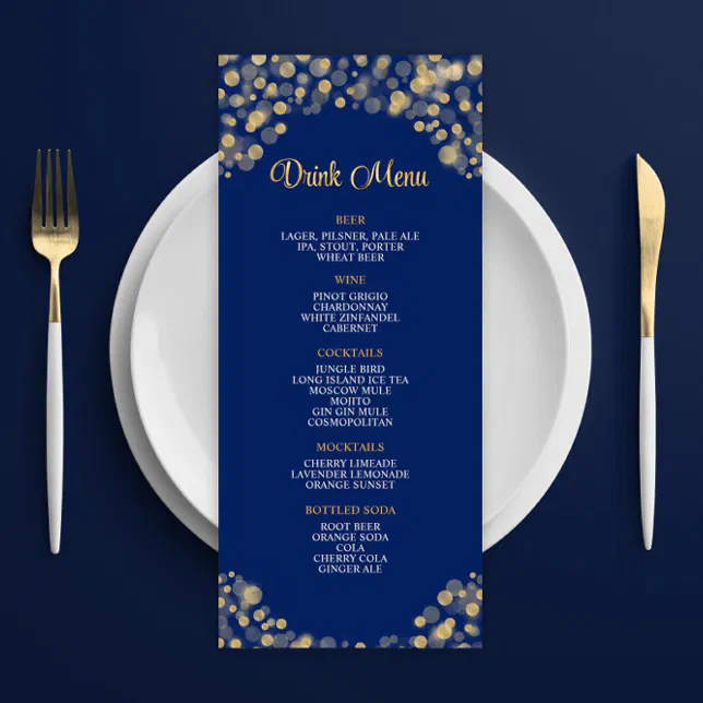 Elegant Navy Blue and Gold Drink Menu | Zazzle