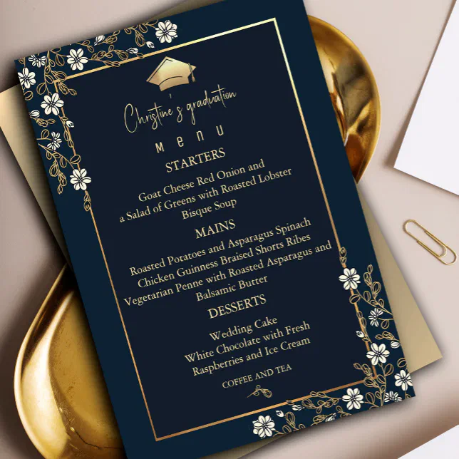 Elegant Navy Blue and Gold Graduation Menu Invitation | Zazzle