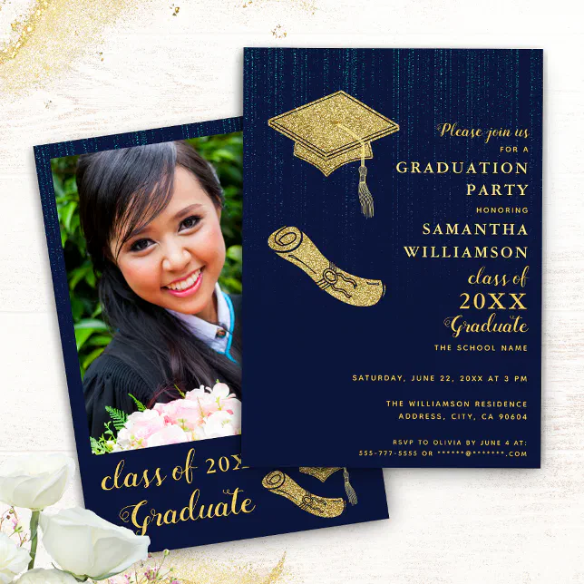 Elegant Navy Blue and Gold Graduation Party Invitation | Zazzle
