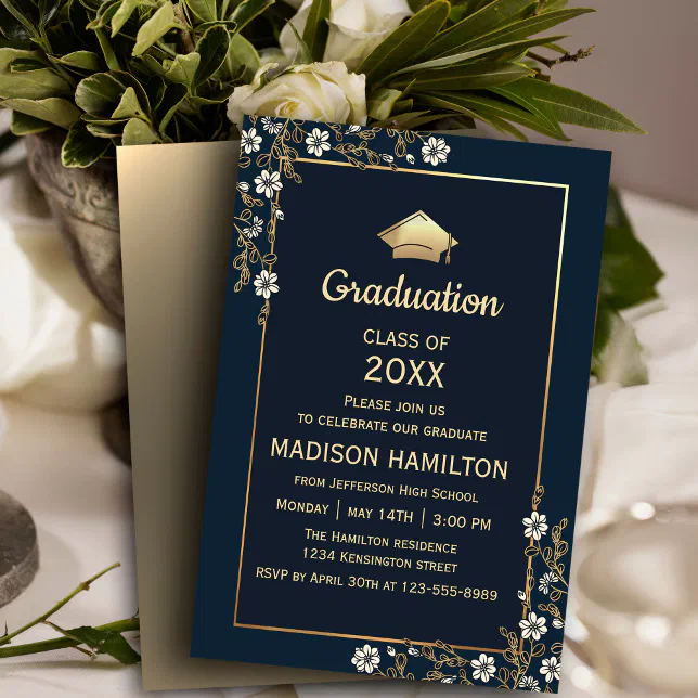 Elegant Navy Blue and Gold Graduation Party Invitation | Zazzle