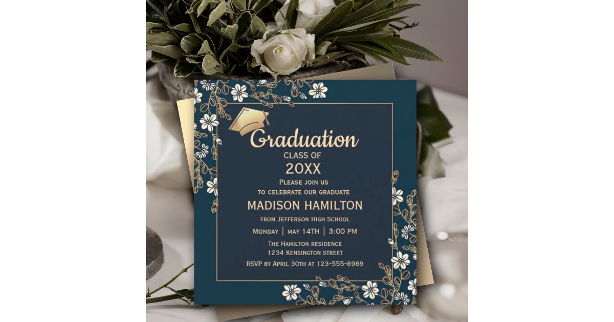 Elegant Navy Blue and Gold Graduation Party Invitation | Zazzle