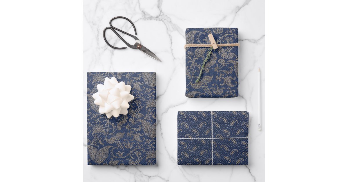 Elegant Navy Blue and Gold Pattern Wrapping Paper Sheets | Zazzle