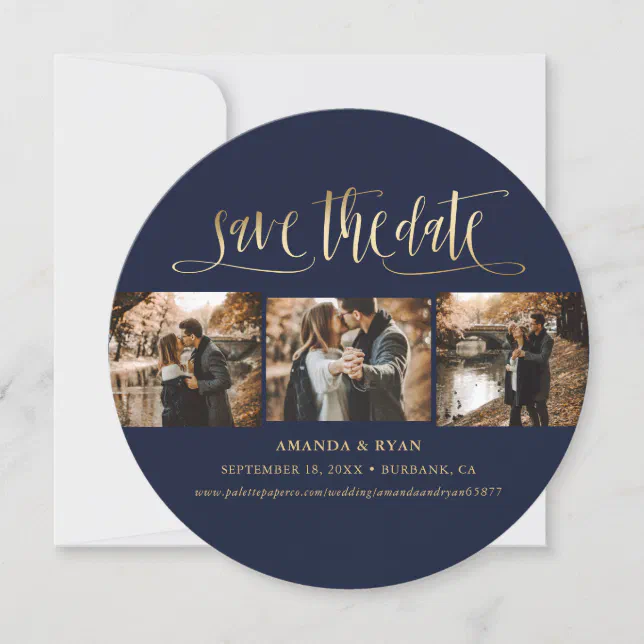 Elegant Navy Blue and Gold Wedding Photo Save The Date | Zazzle