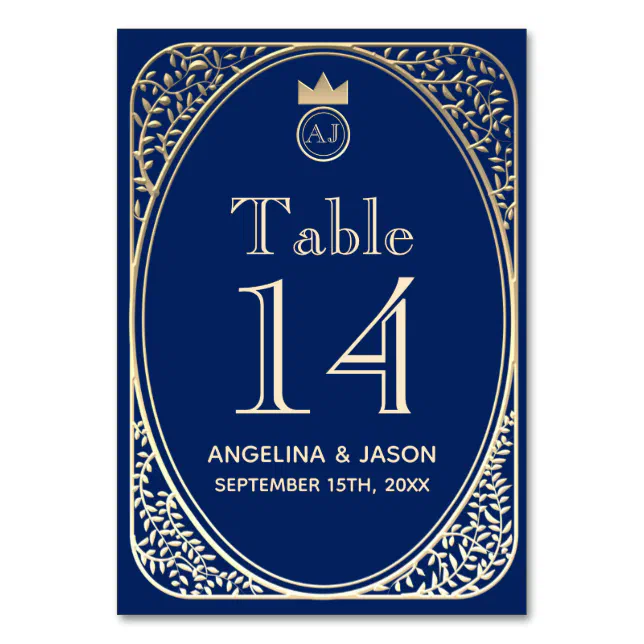 Elegant Navy Blue and Gold Wedding Table Number | Zazzle