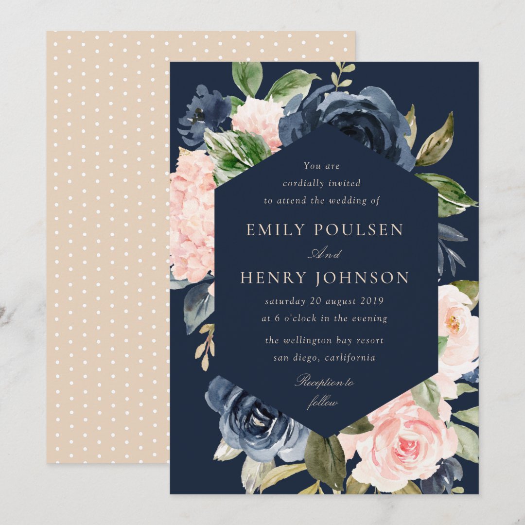 elegant navy blue and pink blush blooms wedding invitation | Zazzle