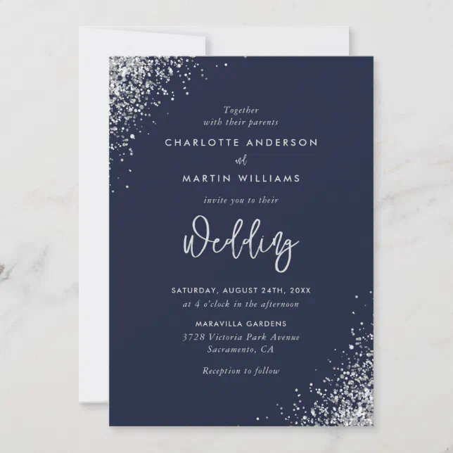 Elegant Navy Blue and Silver Glitter Wedding Invitation | Zazzle
