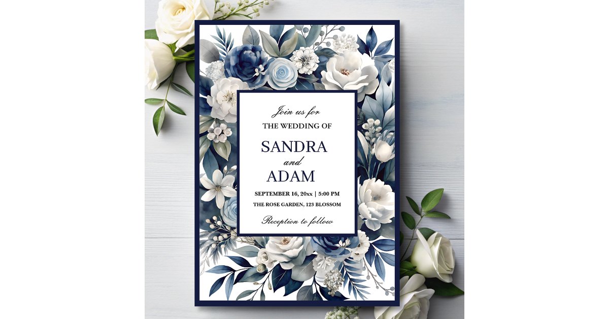 Elegant Navy Blue and Silver Ivory Floral Wedding Invitation | Zazzle