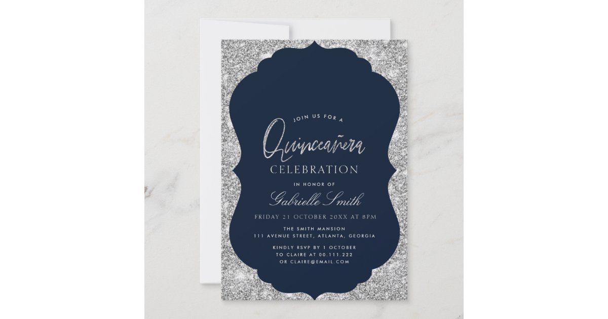 Elegant navy blue and silver Quinceanera Invitation | Zazzle