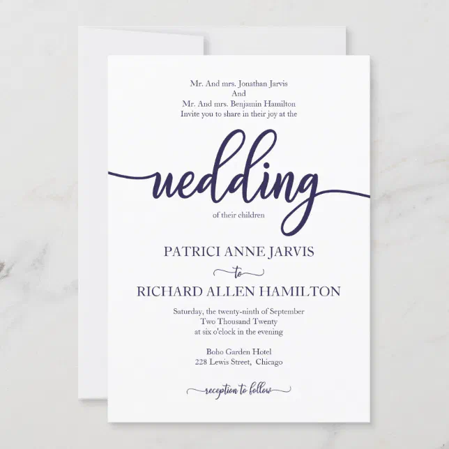 Elegant Navy Blue And White Classic Wedding Invitation | Zazzle