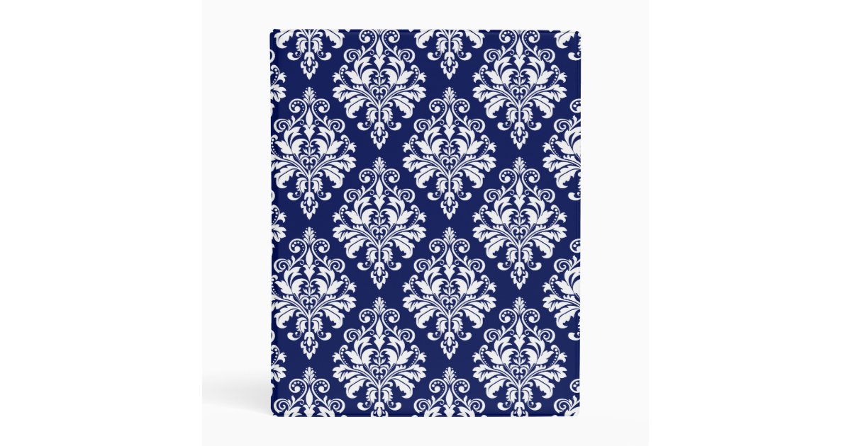 Elegant Navy Blue and White Damask Pattern Mini Binder | Zazzle