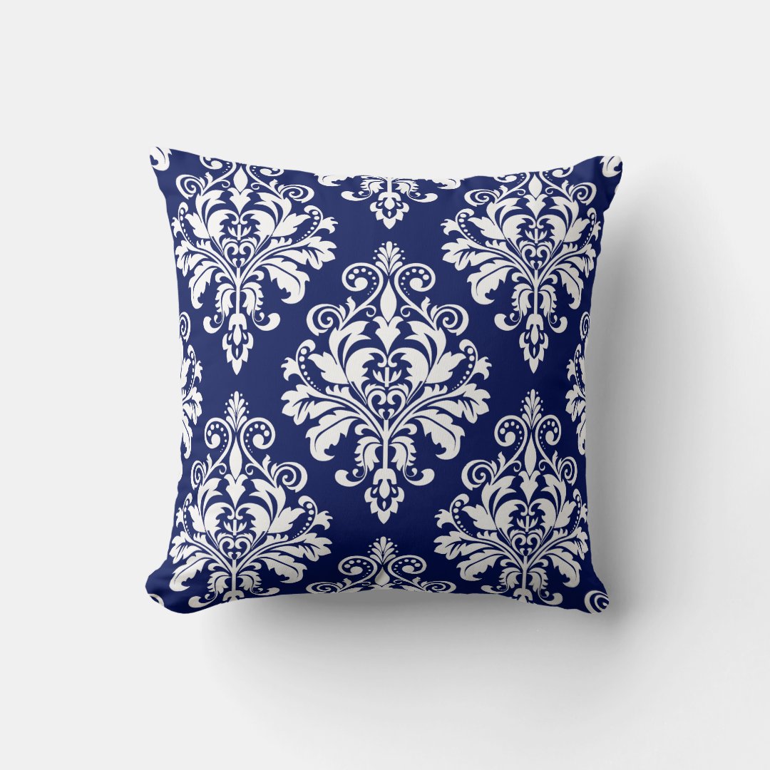 Elegant Navy Blue and White Damask Pattern Throw Pillow | Zazzle