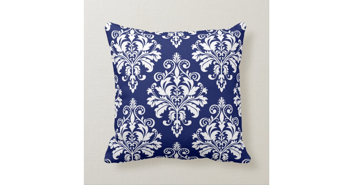 Elegant Navy Blue and White Damask Pattern Throw Pillow | Zazzle.com