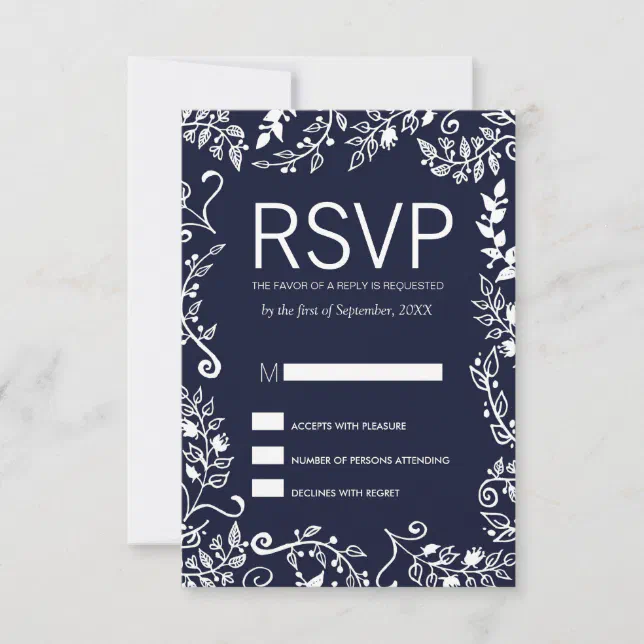 Elegant Navy Blue and White Floral RSVP Cards | Zazzle