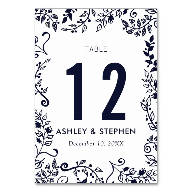 Elegant Navy Blue and White Floral Table Numbers | Zazzle
