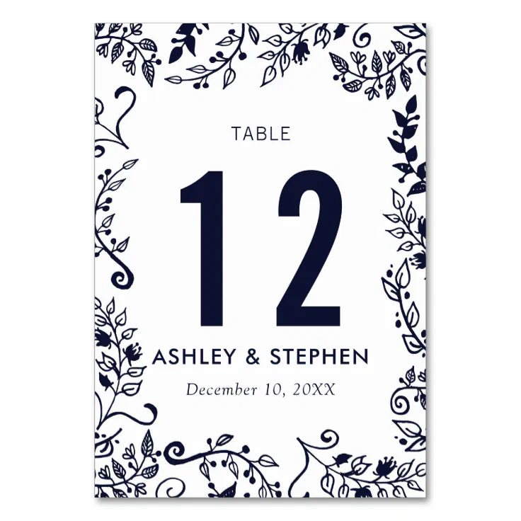 Elegant Navy Blue and White Floral Table Numbers | Zazzle