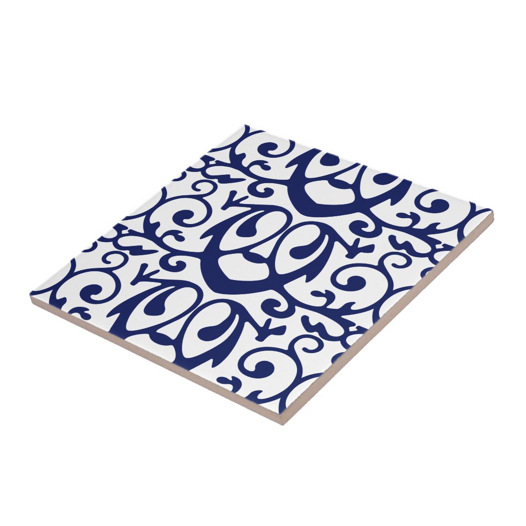 Elegant Navy Blue and White Pattern Ceramic Tile | Zazzle
