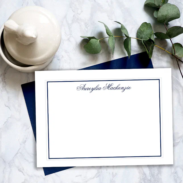 Elegant Navy Blue and White Personalized Note Card | Zazzle