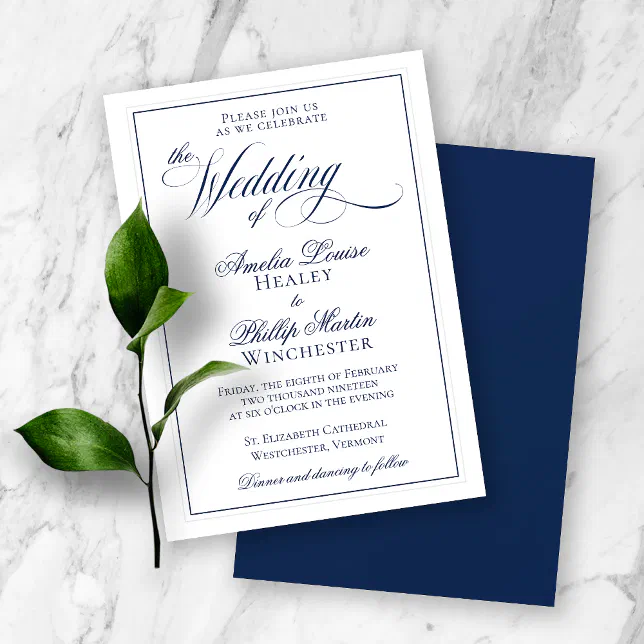 Elegant Navy Blue and White Wedding Invitation | Zazzle