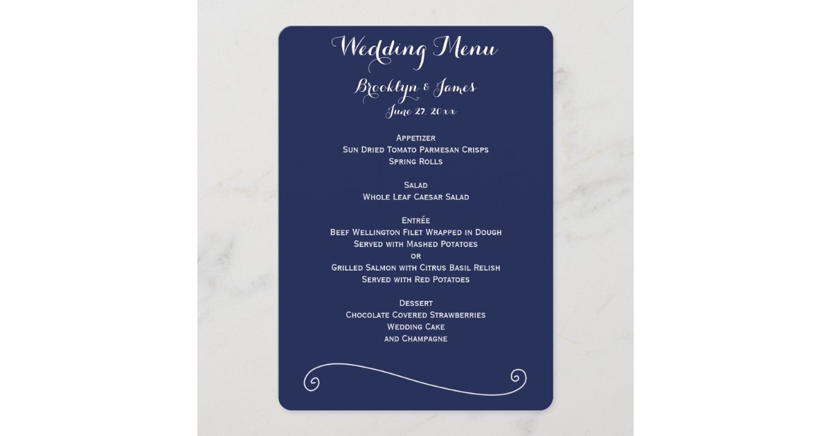 Elegant Navy Blue And White Wedding Menu | Zazzle